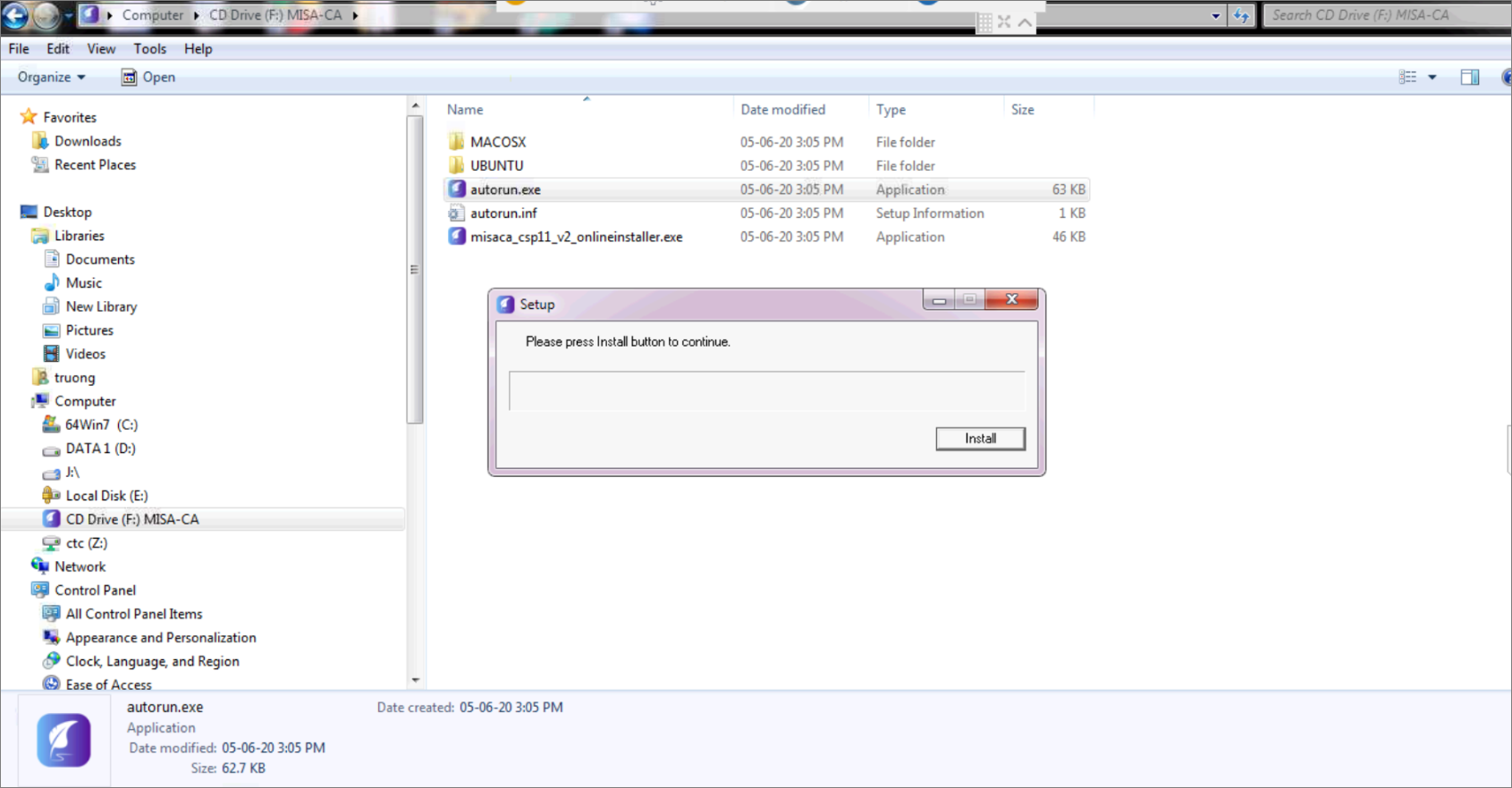 Khi cài đặt Tool MISA-CA Token Manager v2.0, hệ thống báo lỗi: “Please ...